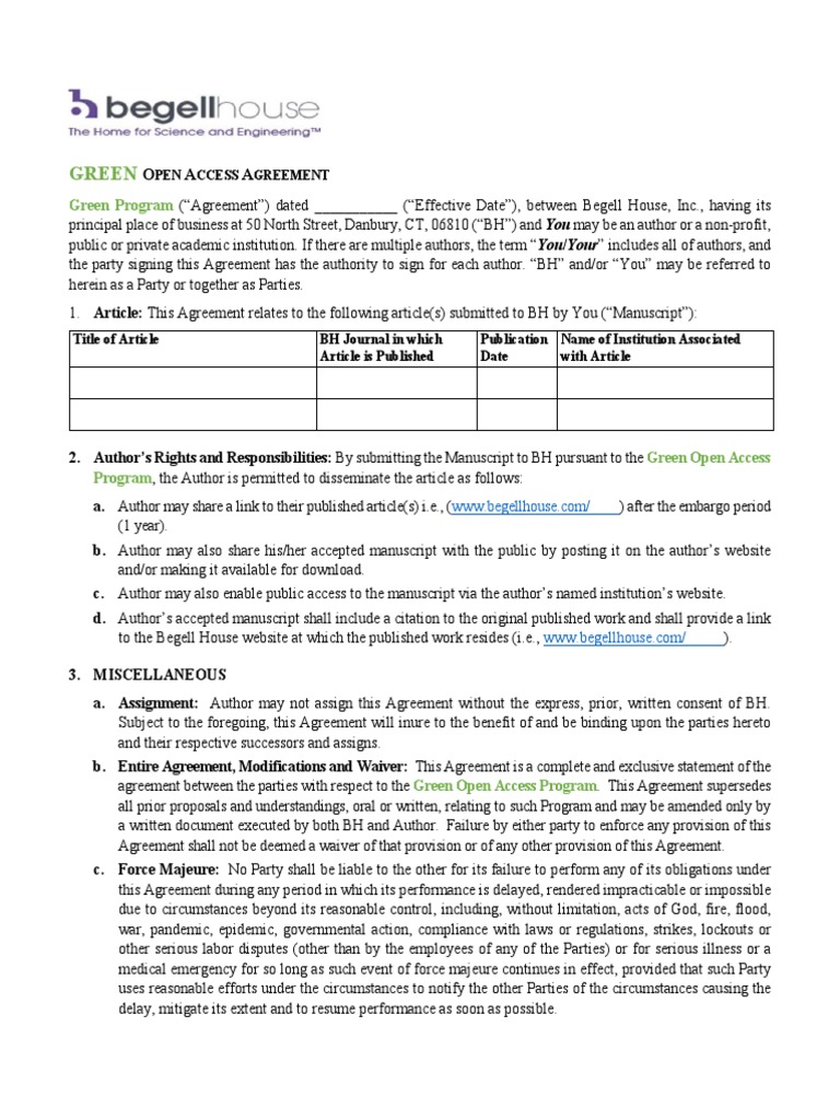 Green Open Access Agreement Overview | PDF | Open Access | Civil Law ...