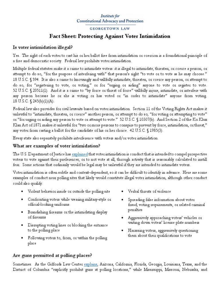 Voter Intimidation Fact Sheet | PDF | Electoral Fraud | Public Sphere