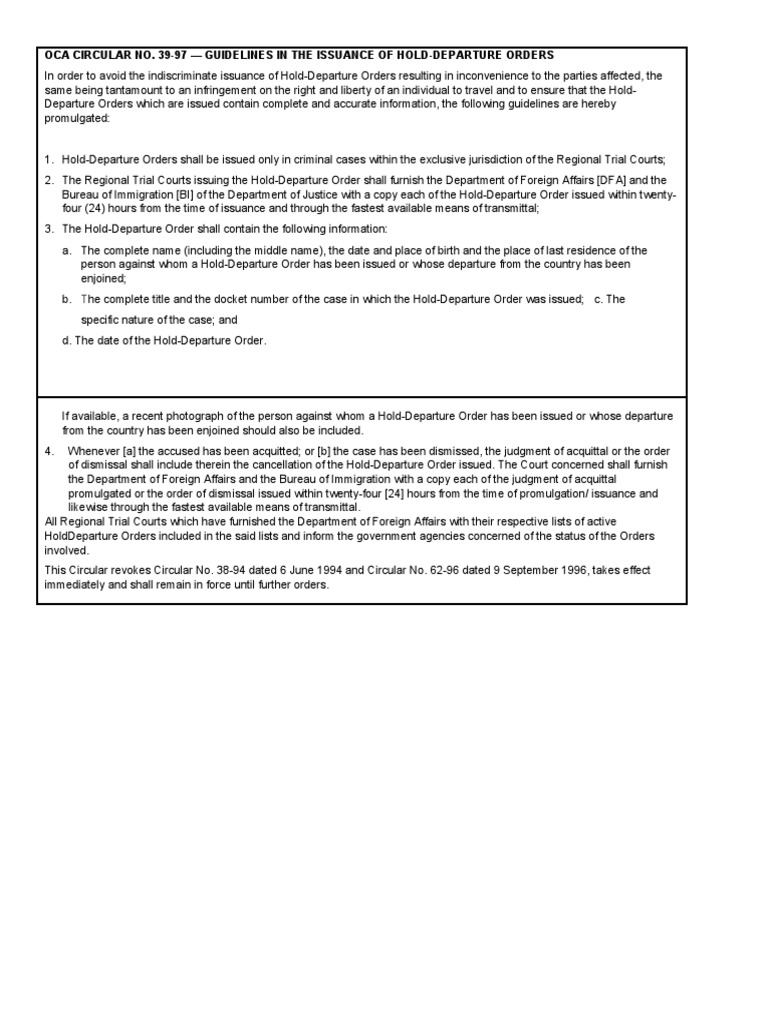 Oca Circular No. 39-97 - Guidelines in The Issuance of Hold-Departure ...