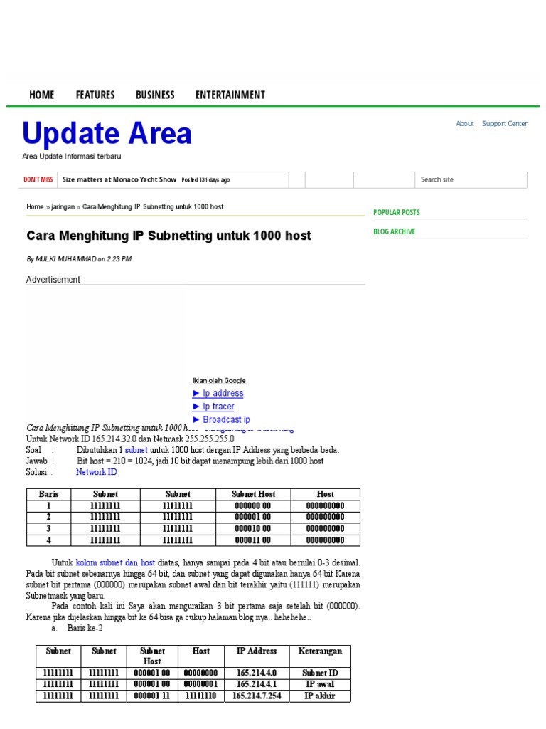 Cara Menghitung IP Subnetting Untuk 1000 Host Update Area | PDF