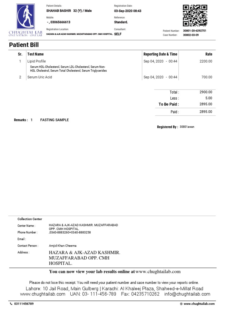 Patient Bill: Test Name Reporting Date & Time Rate SR | PDF | High ...