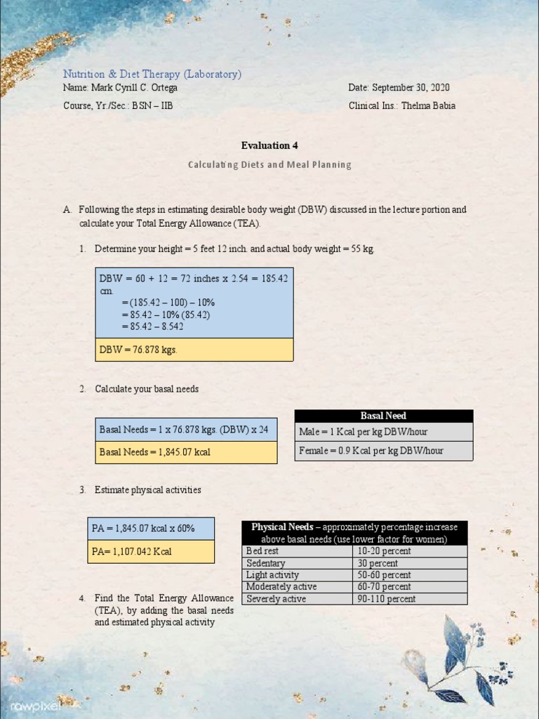 Nutrition & Diet Therapy (Laboratory) : Evaluation 4 | PDF | Calorie ...