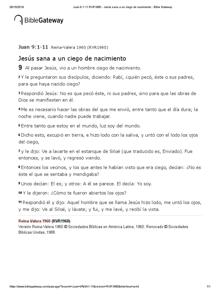 Juan 9 1-11 RVR1960 - Jesús Sana A Un Ciego de Nacimiento | PDF