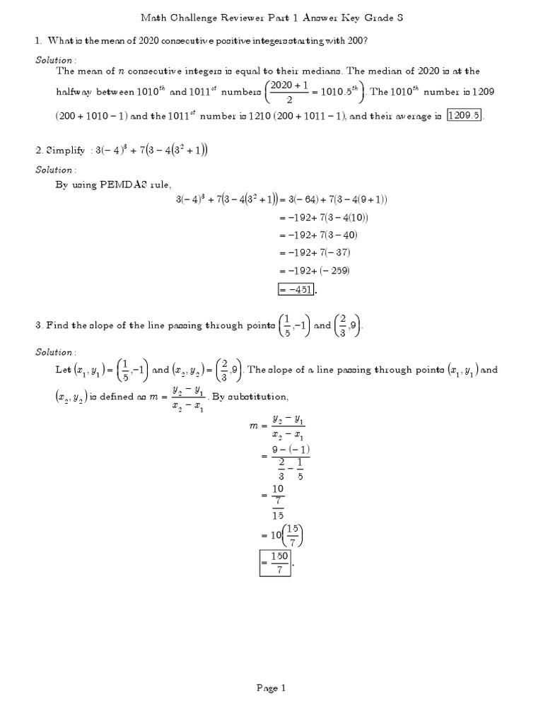 Math Challenge Reviewer Answer Key Grade 8 | PDF | Fraction ...