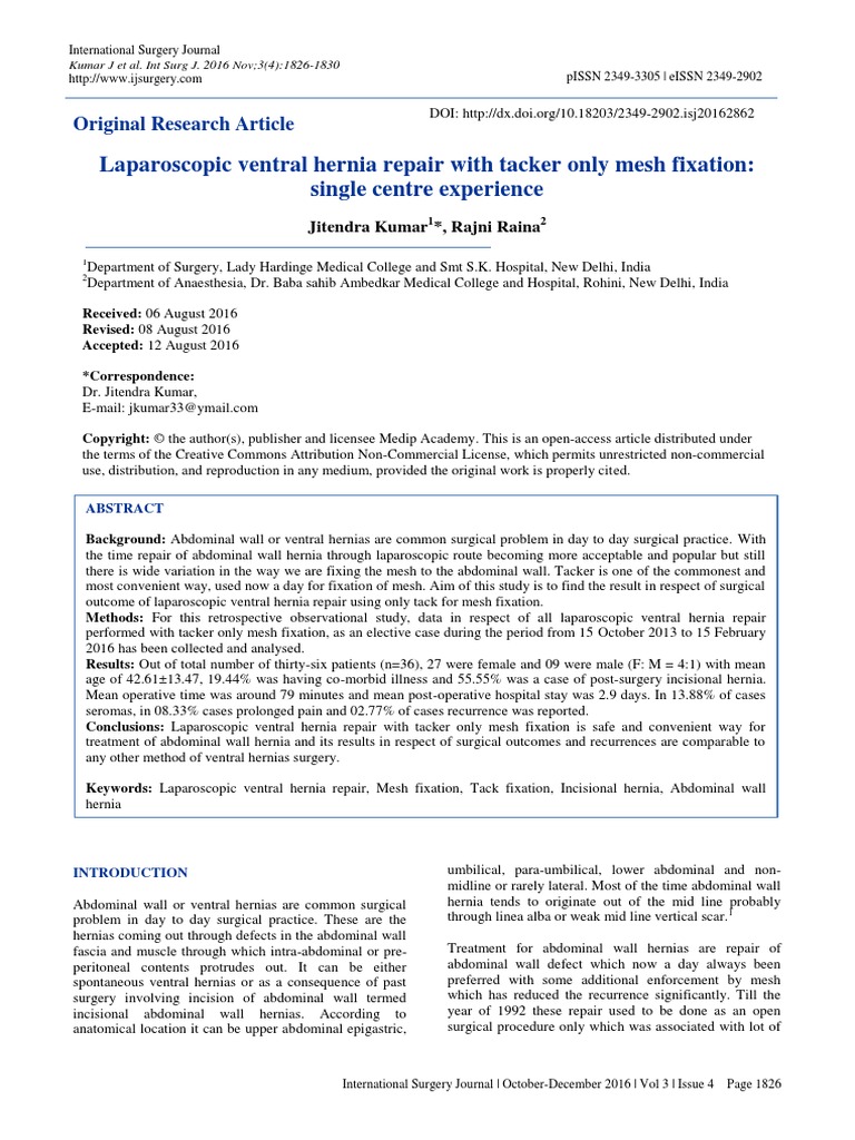 Laparoscopic Ventral Hernia Repair With Tacker Only Mesh Fixation ...