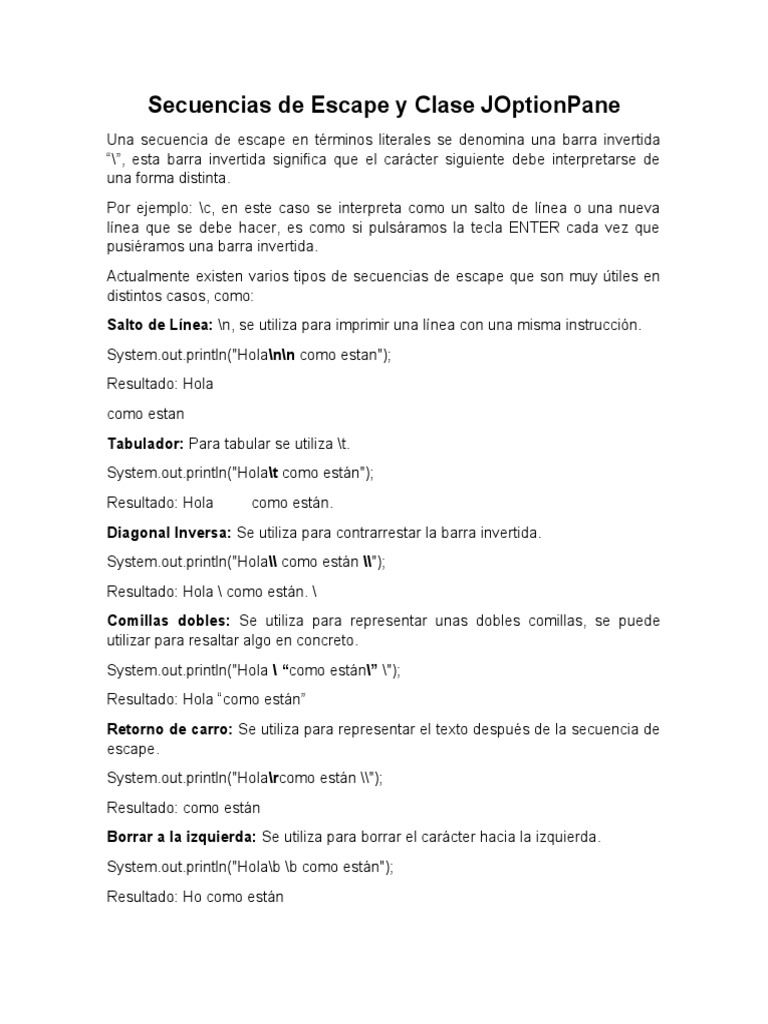 Secuencias de Escape y JOptionPane | PDF | Ingeniería de software | Programación de computadoras