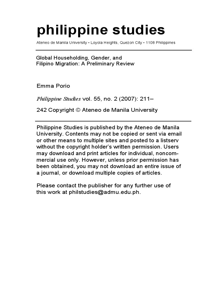 Philippine Studies: Emma Porio | PDF | Remittance | Human Migration