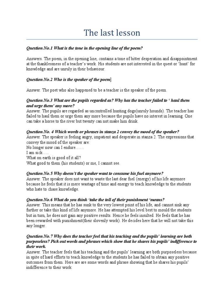 A Teacher's Frustration: Analysis of the Poem 'The Last Lesson' | PDF ...