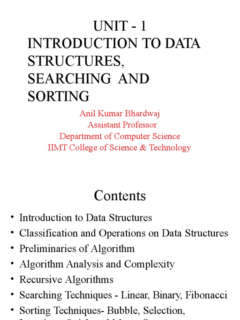 Unit 1 Introduction To Data Structures Searching And Sorting Pdf