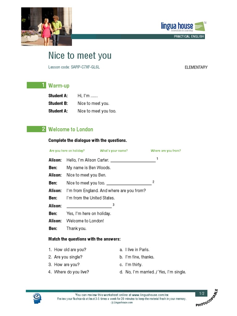 Nice to Meet You: Lesson Plan | PDF | Educational Psychology ...