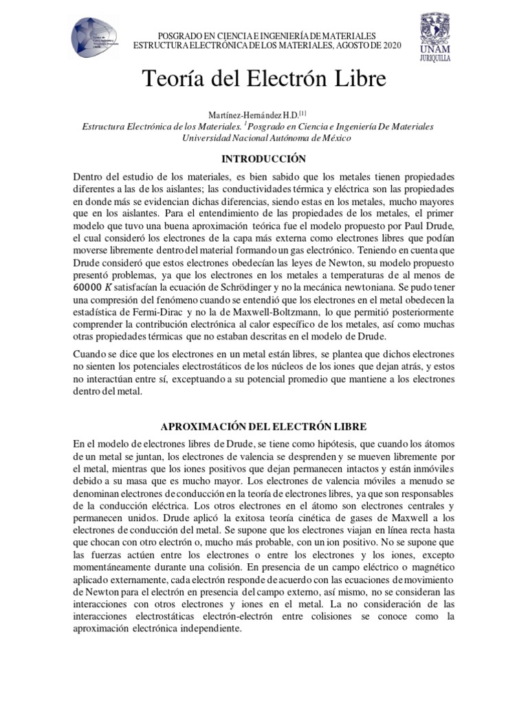 Teoría del Electrón Libre en Metales | PDF | Electrón | Resistividad ...