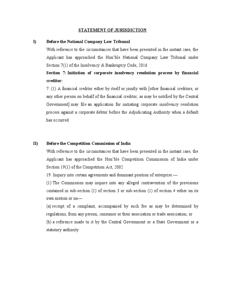 Statement of Jurisdiction I) Before The National Company Law Tribunal ...