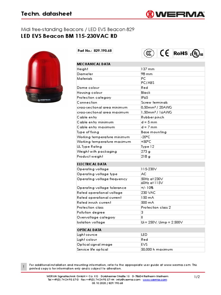 Techn. Datasheet: LED EVS Beacon BM 115-230VAC RD | PDF | Electrical Equipment | Electricity