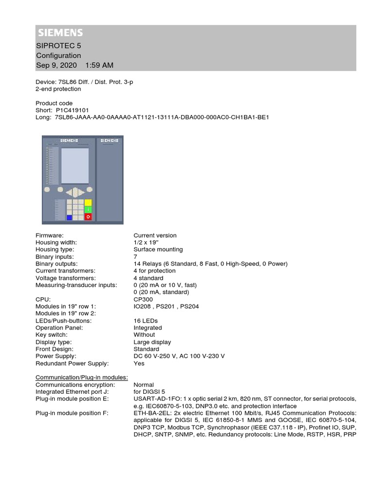 Configuration Details for a 7SL86 Differential and Distance Protection ...