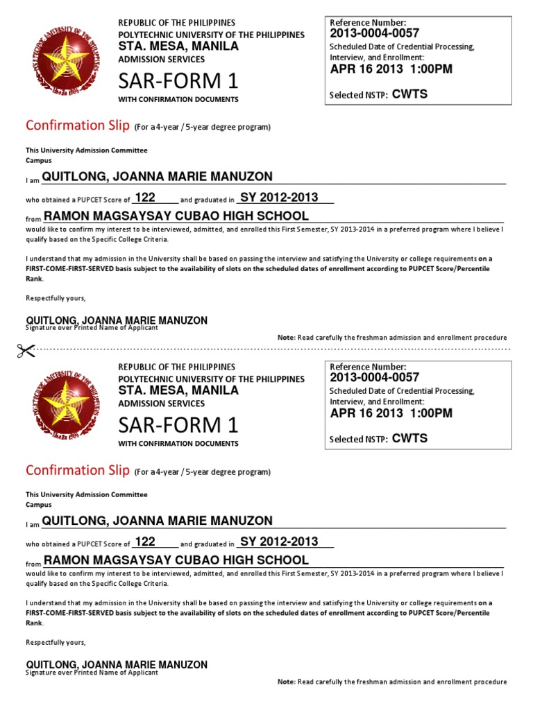 Sar-Form 1: Confirmation Slip | PDF | University And College Admission ...