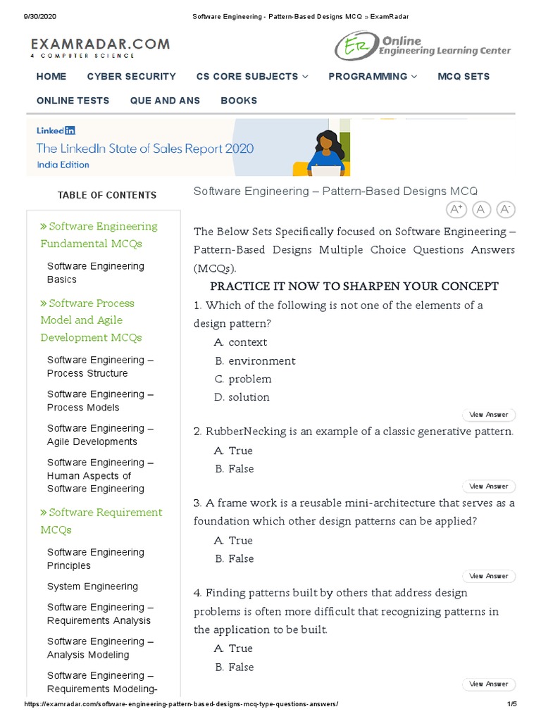 Software Engineering - Pattern-Based Designs MCQ ExamRadar | PDF | Multiple Choice | Design
