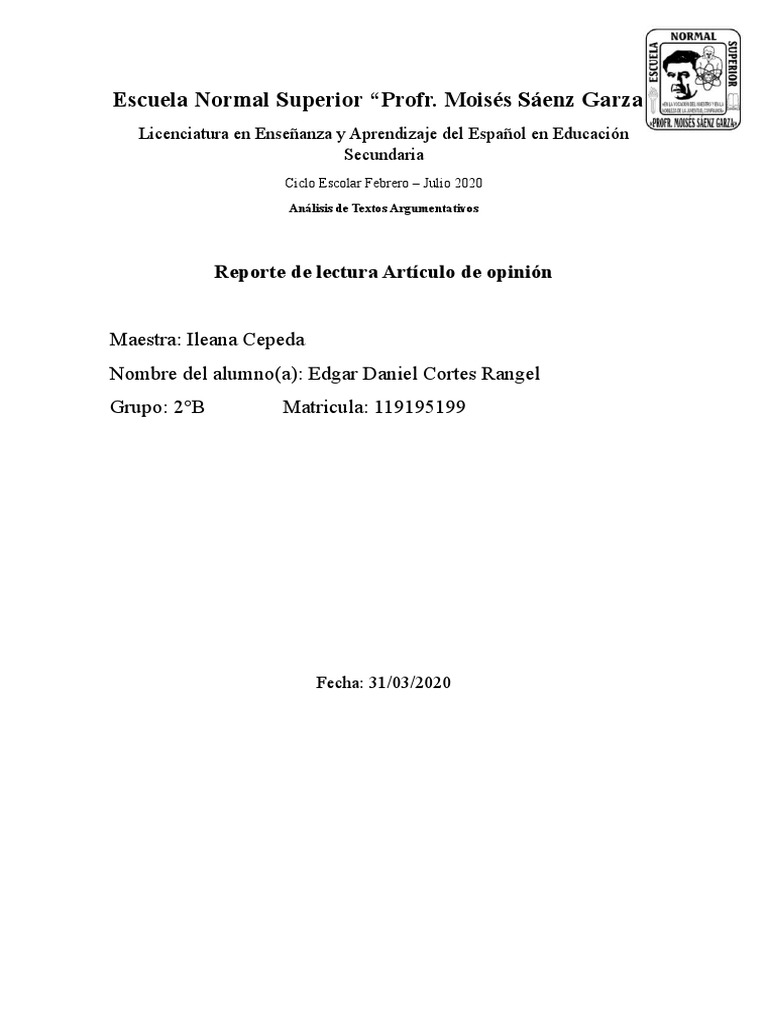 Reporte de Lectura Artículo de Opinión | PDF | Autor | Aprendizaje