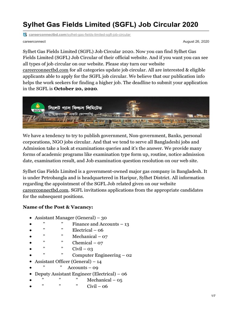 Sylhet Gas Fields Limited (SGFL) Job Circular 2020: Overview of ...