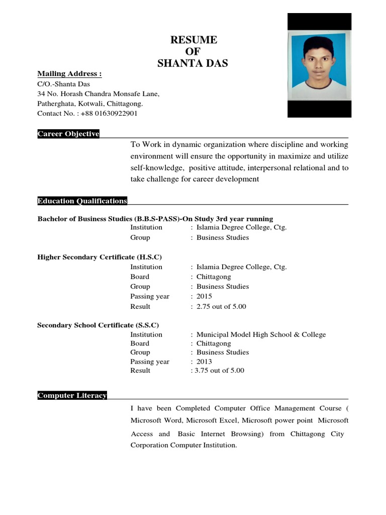 Resume OF Shanta Das: Mailing Address | PDF | Learning | Further Education