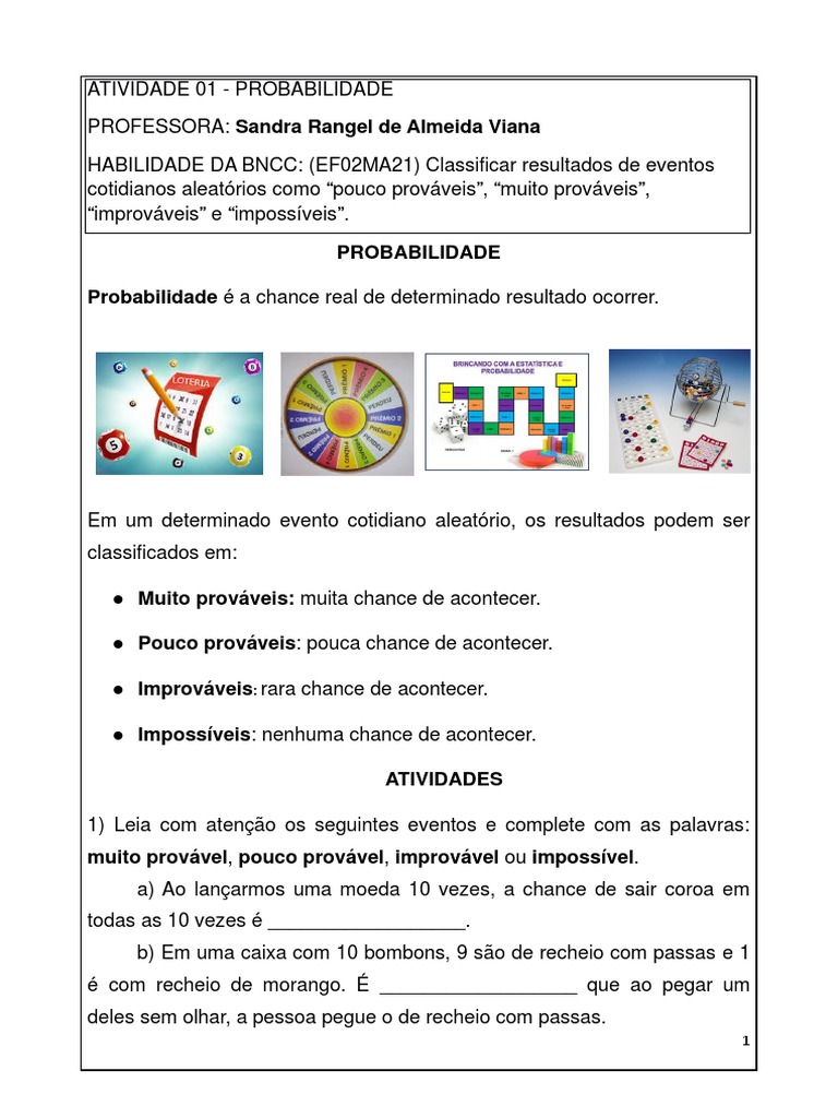 Atividade 01 - Probabilidade | PDF | Probabilidade | Ensino de Matemática