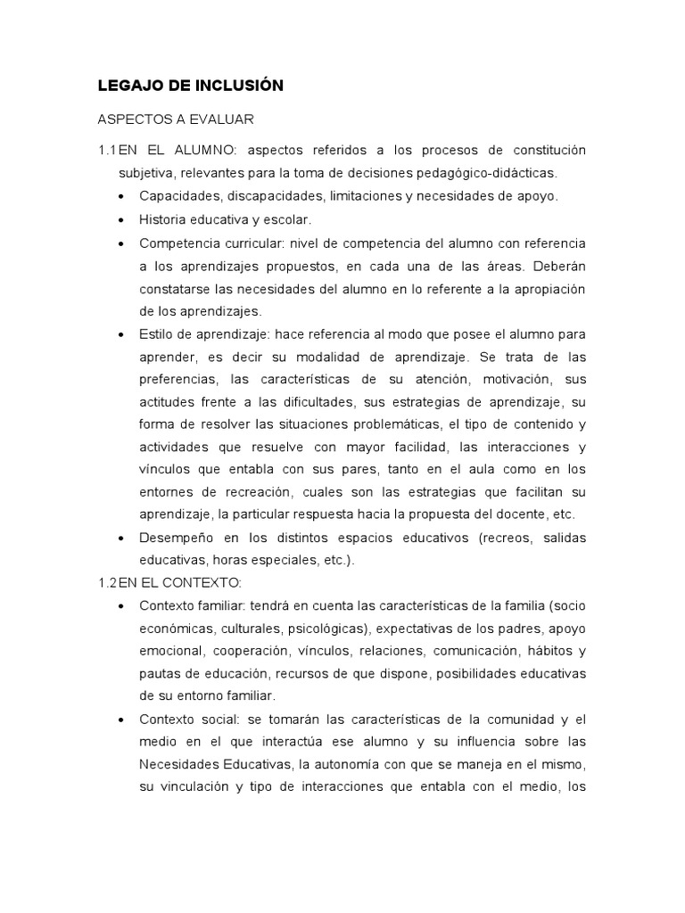 Que Debe Contener Un Legajo de Inclusion | PDF | Salón de clases | Aprendizaje