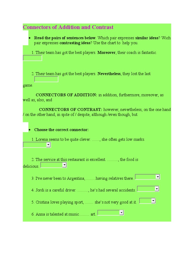 Connectors of Addition and Contrast | PDF | Sentence (Linguistics ...