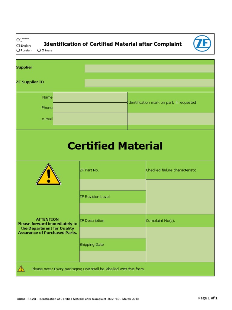 QD83 Certified Material Complaint Form | PDF