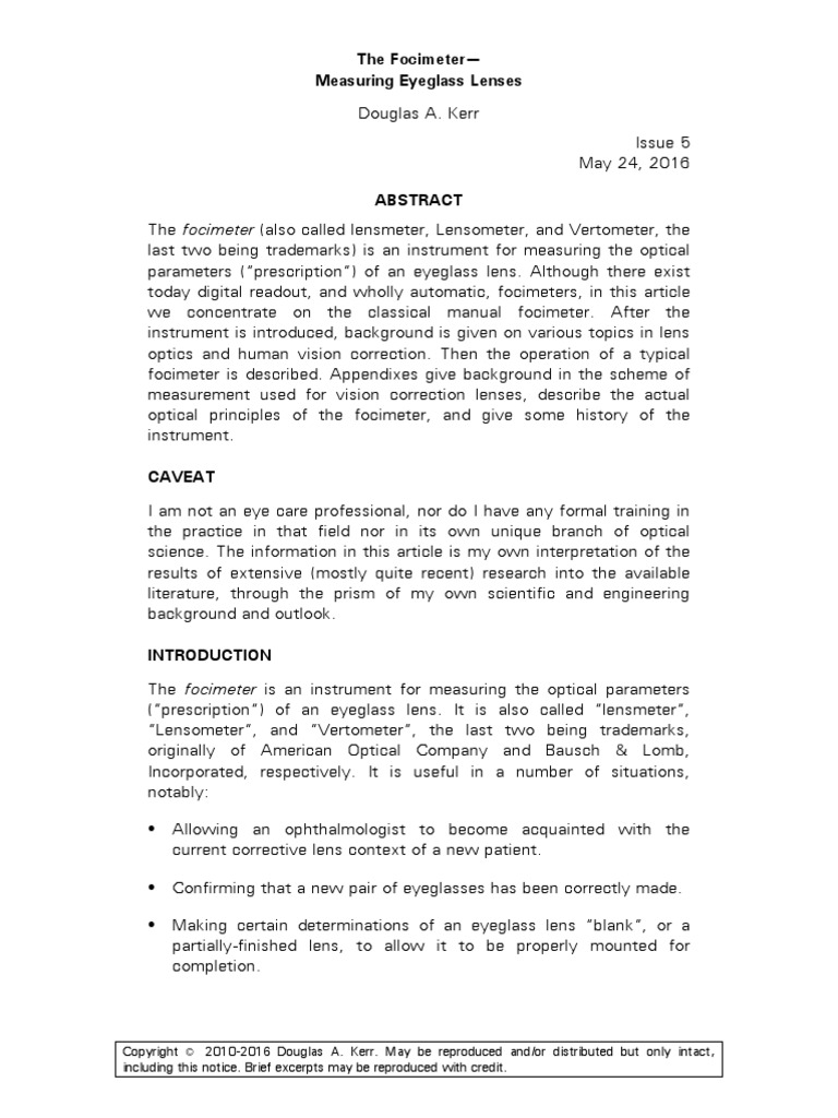 The Focimeter - Measuring Eyeglass Lenses: Including This Notice. Brief ...