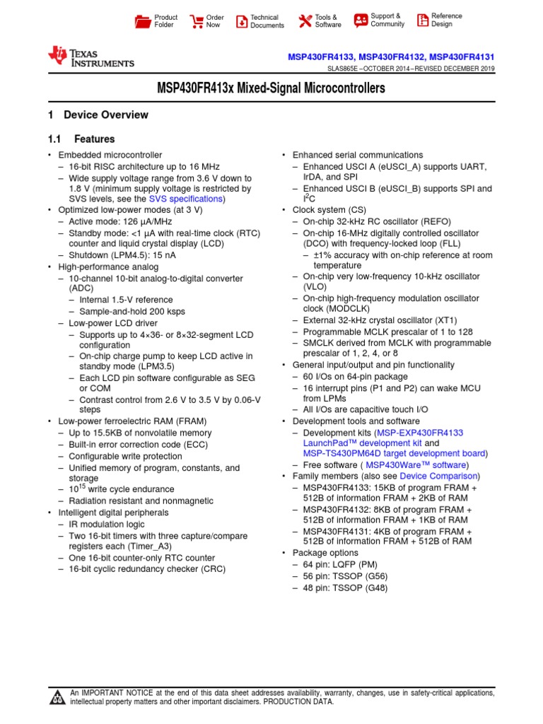 MSP430FR413x Mixed-Signal Microcontrollers: 1 Device Overview | PDF | Microcontroller ...