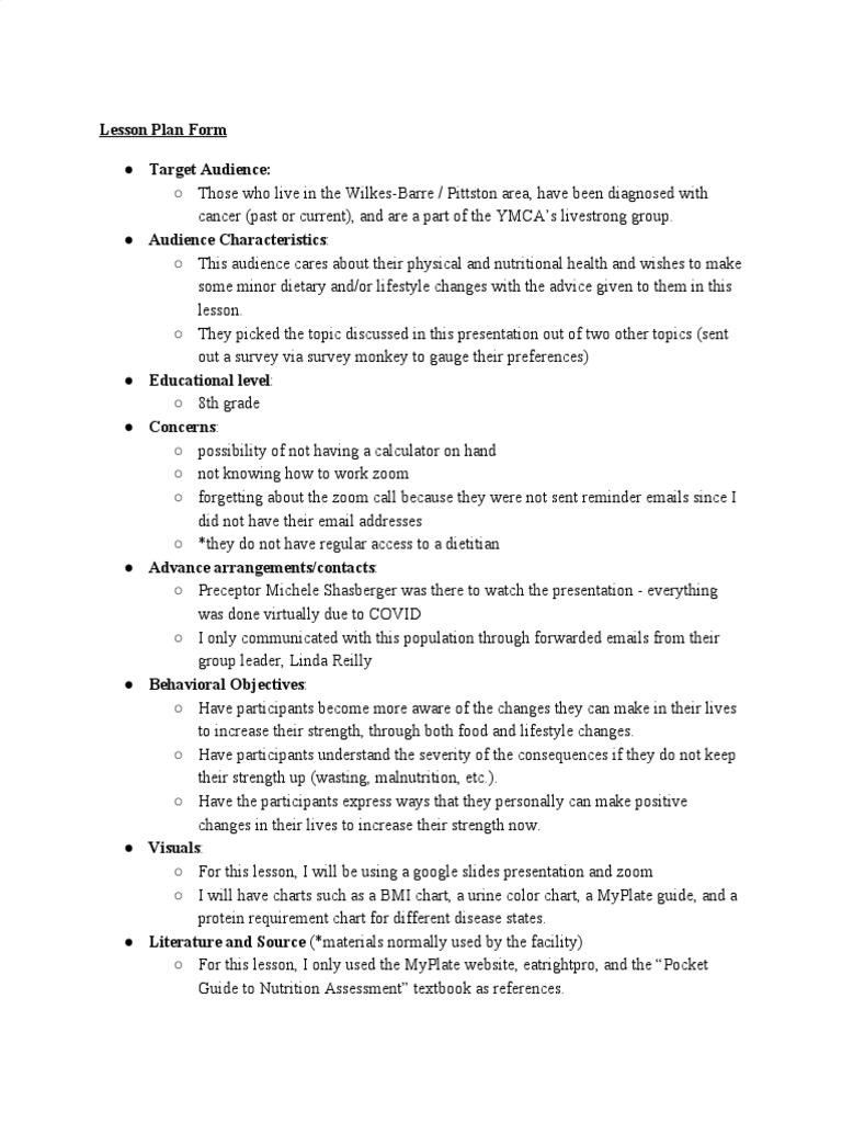 Lesson Plan Form 1 | PDF | Dietitian | Communication