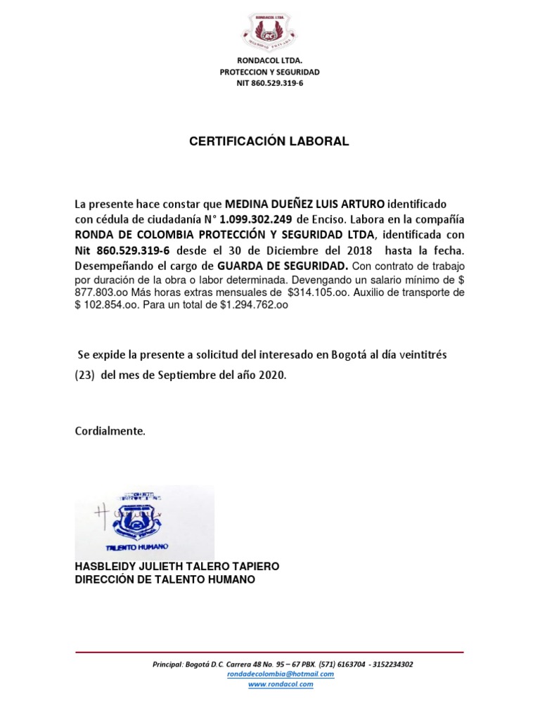 Certificación Laboral de Guarda de Seguridad | PDF