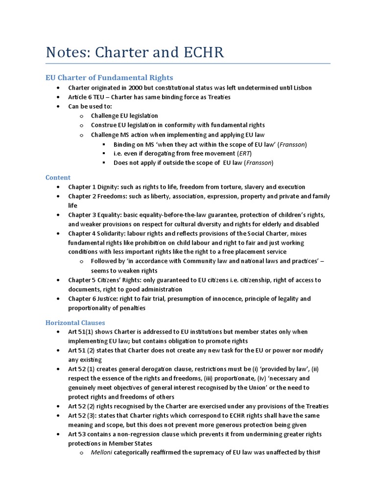Notes Charter and ECHR | PDF | European Union Law | European Convention ...