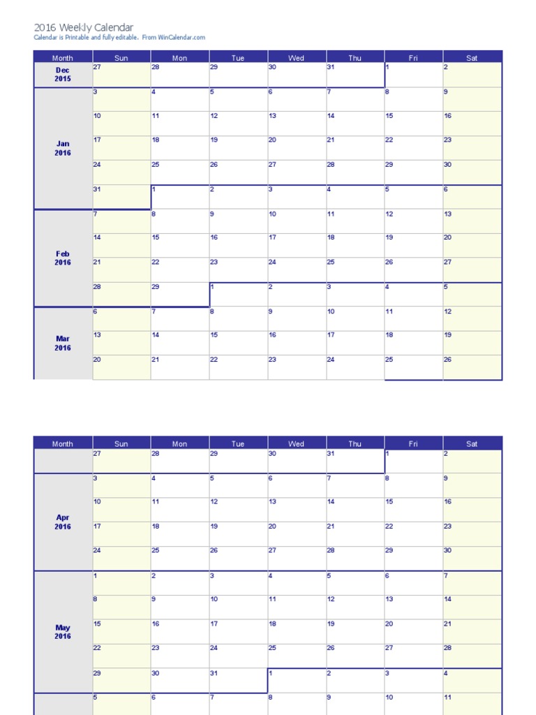 2016 Weekly Calendar | PDF