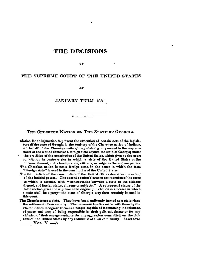 Cherokee Nation v. Georgia 30 US 1 (1831) PDF | PDF | Jurisdiction ...
