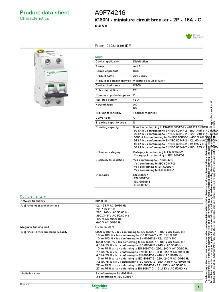 Product Data Sheet: iC60N - Miniature Circuit Breaker - 2P - 16A - C ...