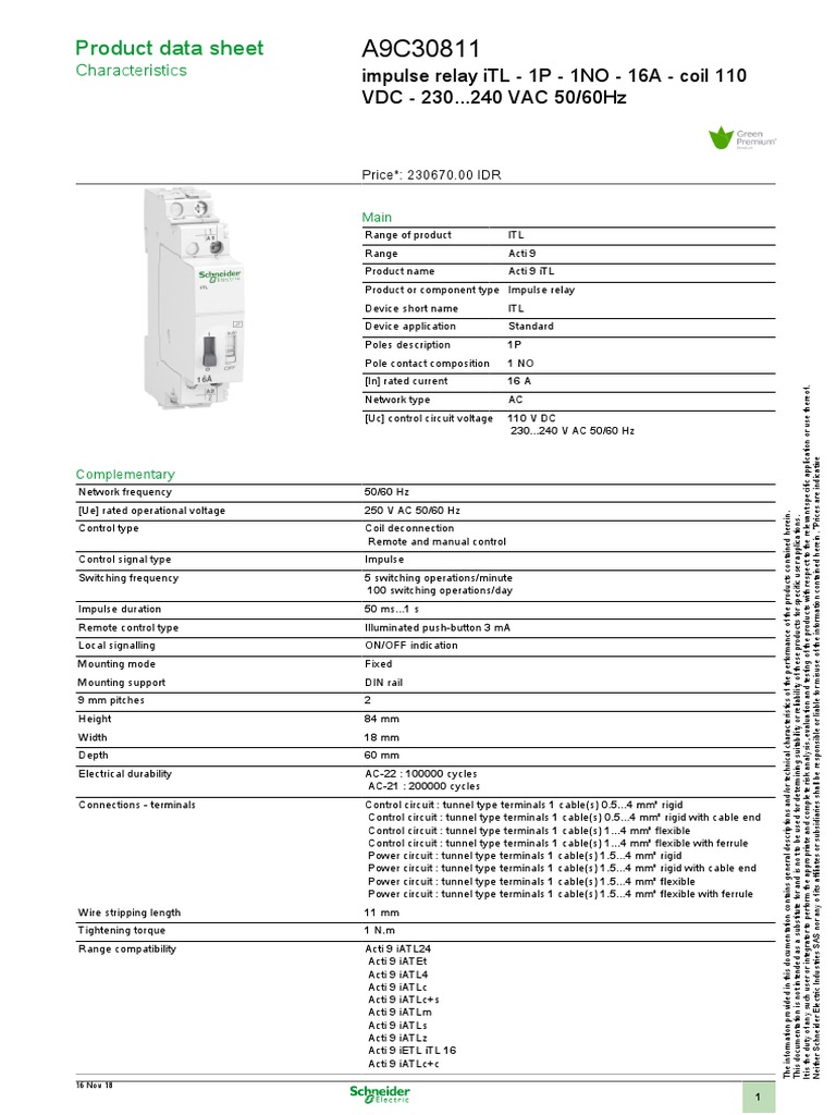 Product Data Sheet: Impulse Relay iTL - 1P - 1NO - 16A - Coil 110 VDC - 230... 240 VAC 50/60Hz ...