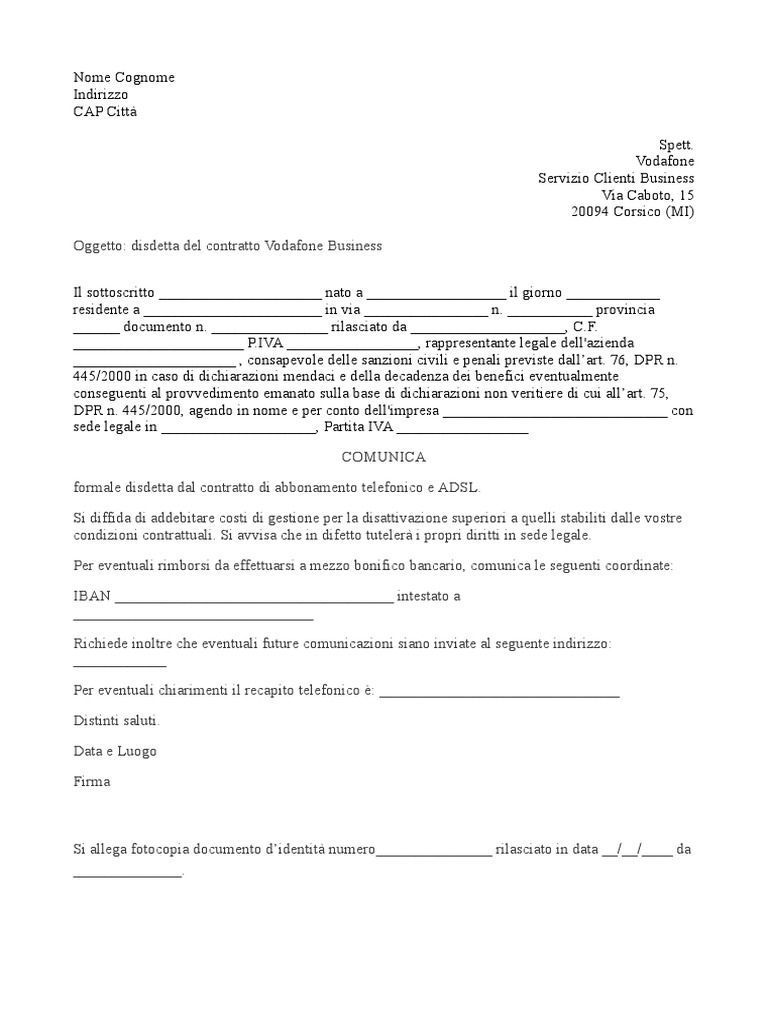 Fac Simile Disdetta Vodafone | PDF