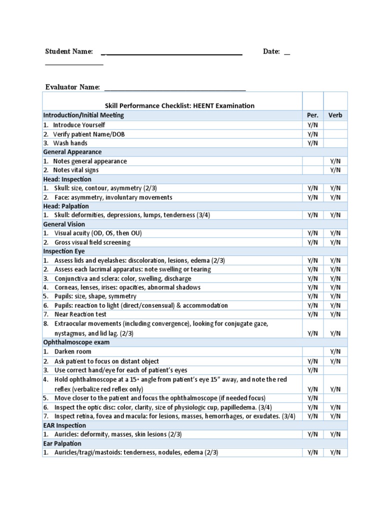 Student Name: - Date: - Evaluator Name: - Skill Performance Checklist ...