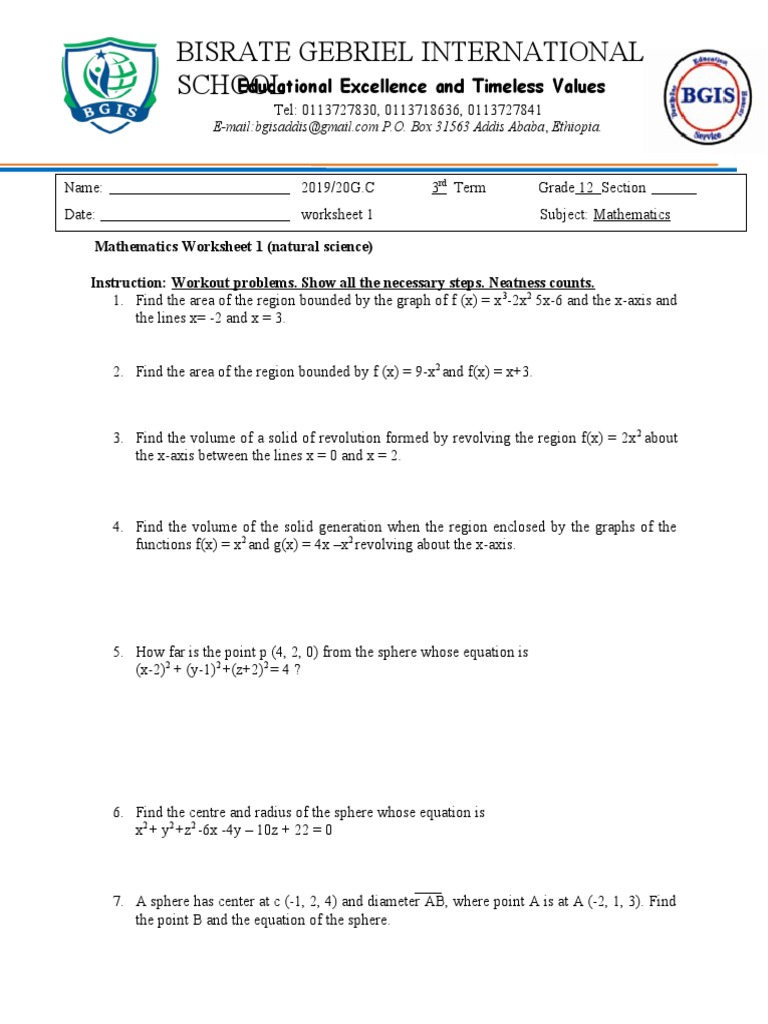 Math Grade 12 Natural Science Worksheet | PDF | Sphere | Space