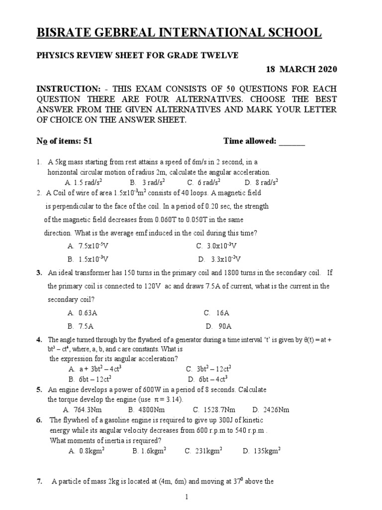 Review Sheet for Grade Twelve Physics Exam on Electromagnetism and ...