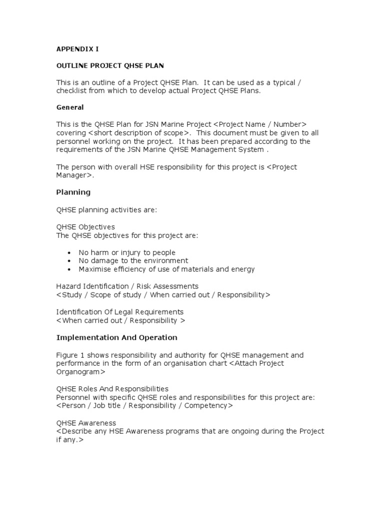 APPENDIX I Outline Project QHSE Plan | PDF | Emergency Management ...