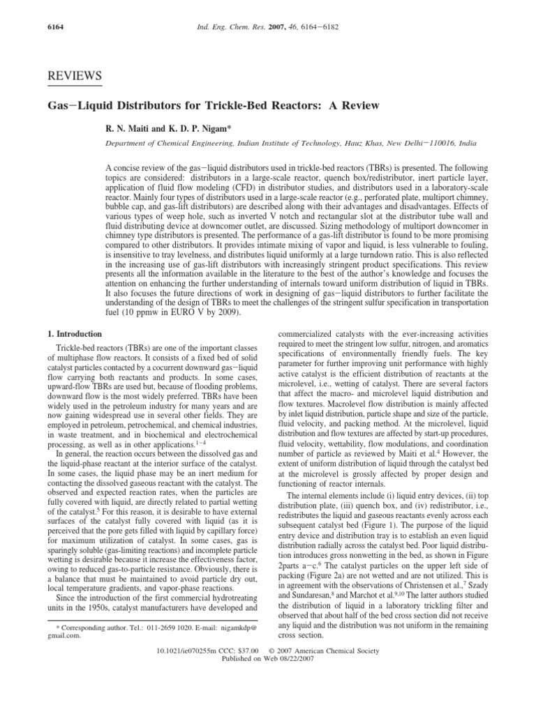 Distributor - Trickle Bed Reactor | PDF | Liquids | Chemical Reactor