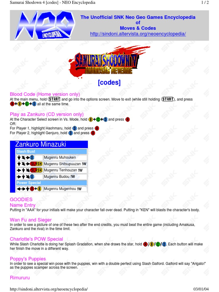 Samurai Shodown4 (Codes) PDF | PDF | Video Game Companies Of Japan ...