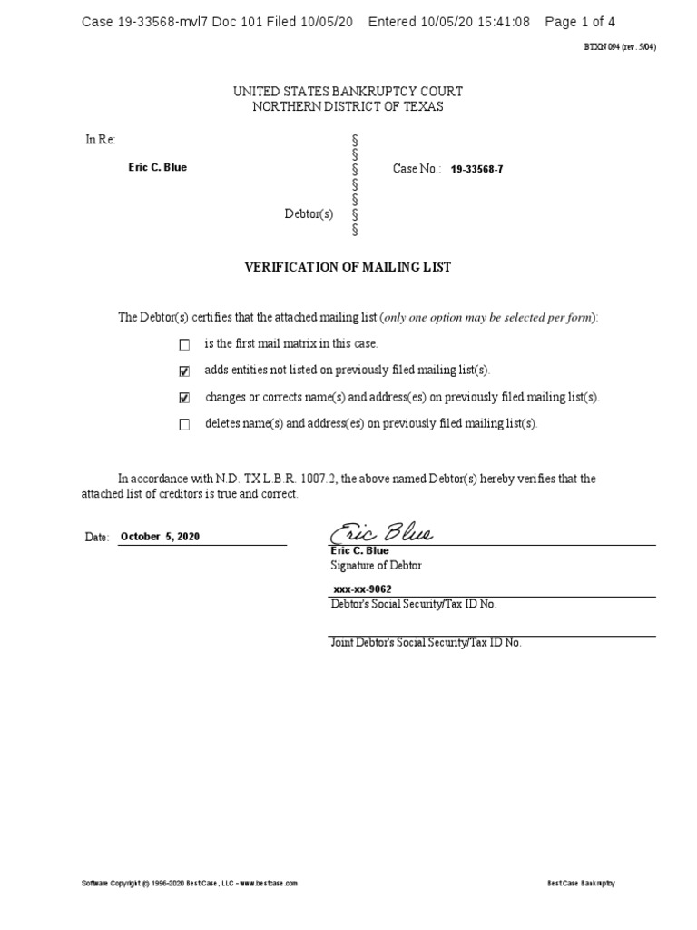 101 Eric C. Blue Creditor Matrix | PDF | Bankruptcy | Debt