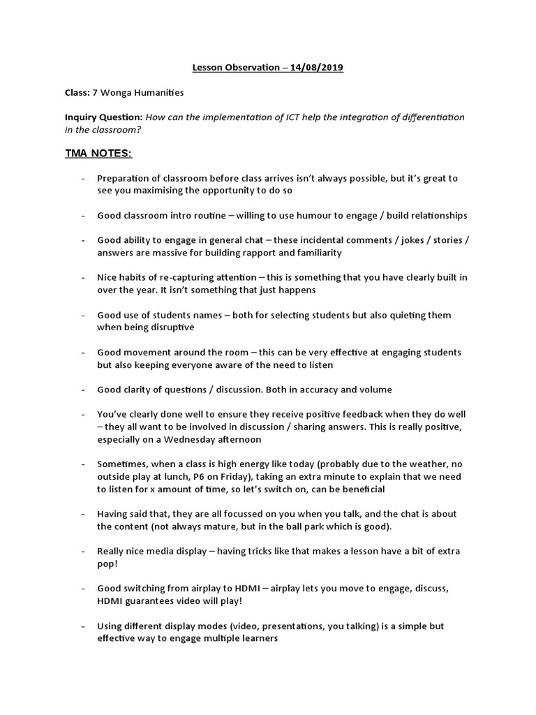 Lesson Observation 1 | PDF | Classroom | Teaching