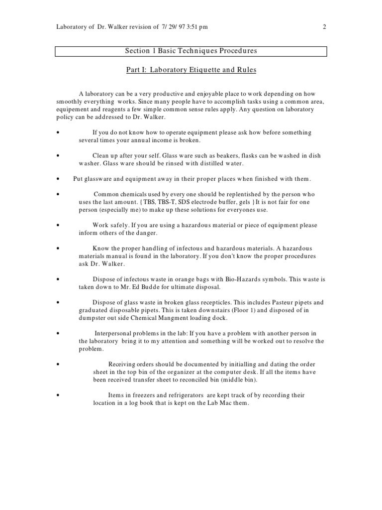 Section 1 Basic Techniques Procedures Part I: Laboratory Etiquette and ...