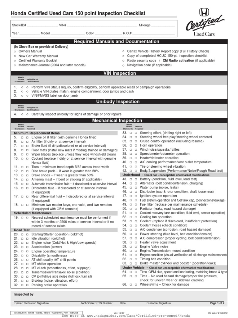 Honda CPO PT Inspection Checklist | PDF | Leak | Tire