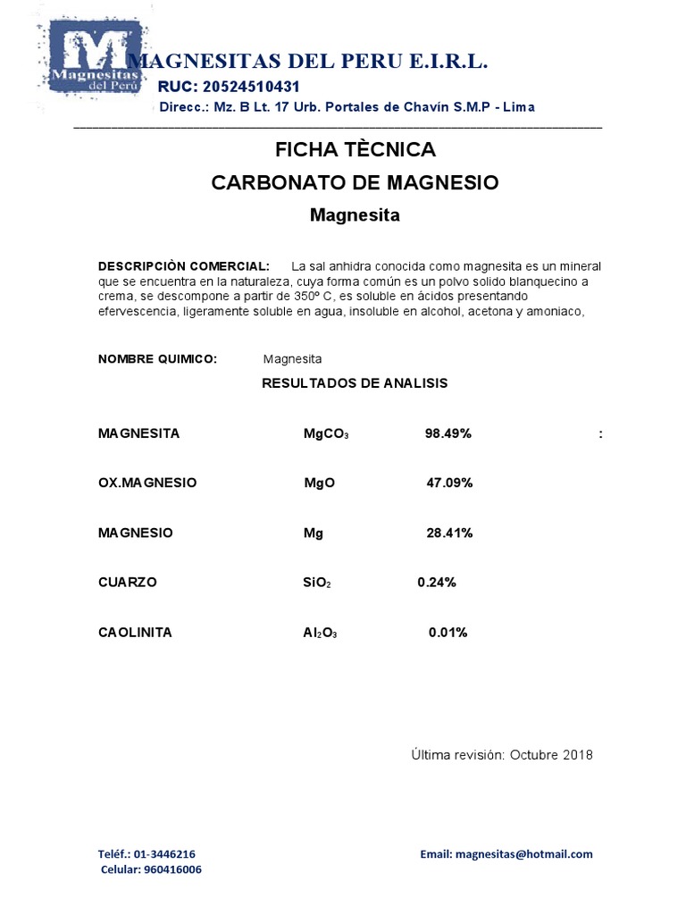 Magnesita 98.49% mineral carbonato de magnesio | PDF