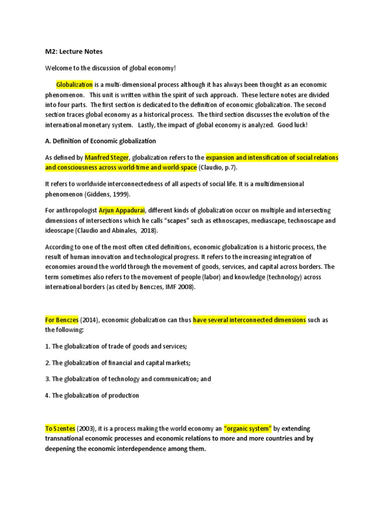 M2: Lecture Notes: A. Definition of Economic Globalization | PDF ...