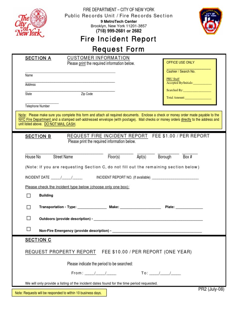 Fire Incident Report Request Form: Public Records Unit / Fire Records ...